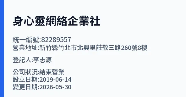 身心靈網絡企業社的照片-統編 82289557(新竹縣) 公司登記資料與營業項目詳細圖表