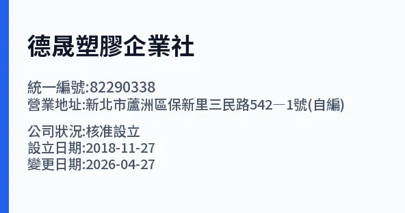 德晟塑膠企業社的照片-統編 82290338(新北市) 公司登記資料與營業項目詳細圖表