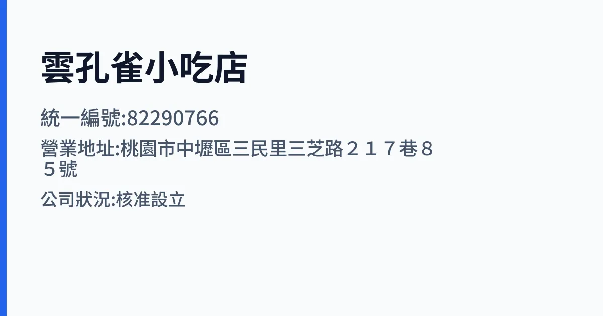 雲孔雀小吃店 - 統編 82290766(桃園市) 公司登記資料與營業項目詳細圖表