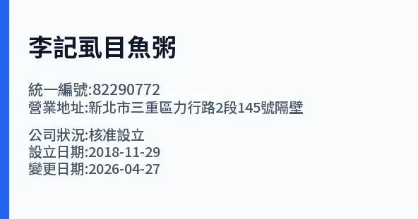 李記虱目魚粥的照片-統編 82290772(新北市) 公司登記資料與營業項目詳細圖表