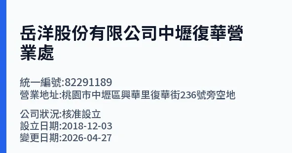岳洋股份有限公司中壢復華營業處的照片-統編 82291189(桃園市) 公司登記資料與營業項目詳細圖表