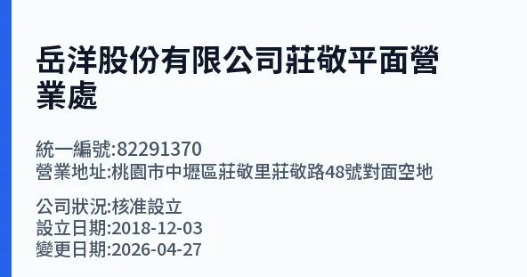 岳洋股份有限公司莊敬平面營業處的照片-統編 82291370(桃園市) 公司登記資料與營業項目詳細圖表