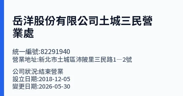 岳洋股份有限公司土城三民營業處的照片-統編 82291940(新北市) 公司登記資料與營業項目詳細圖表