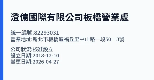 澄億國際有限公司板橋營業處的照片-統編 82293031(新北市) 公司登記資料與營業項目詳細圖表