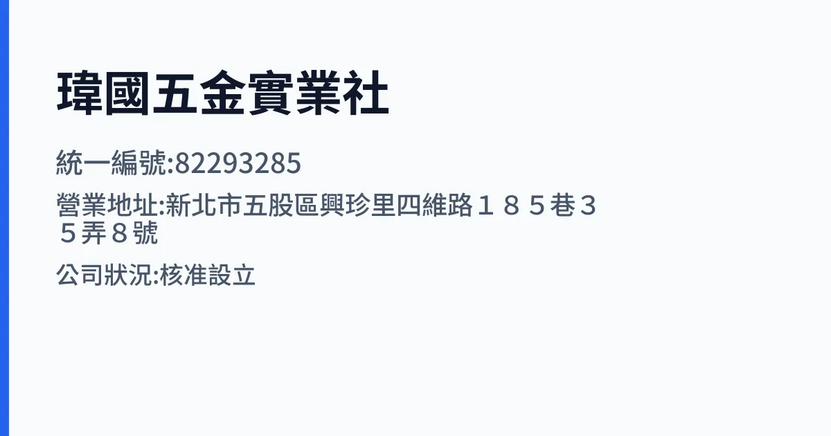 瑋國五金實業社 - 統編 82293285(新北市) 公司登記資料與營業項目詳細圖表
