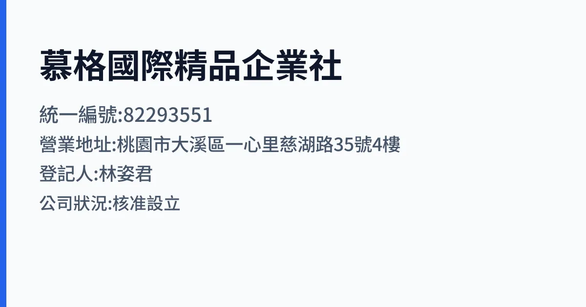 慕格國際精品企業社 - 統編 82293551(桃園市) 公司登記資料與營業項目詳細圖表