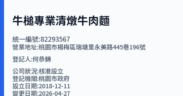 牛槌專業清燉牛肉麵的照片-統編 82293567(桃園市) 公司登記資料與營業項目詳細圖表