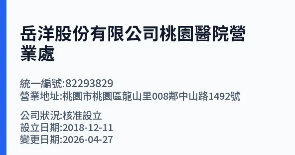 岳洋股份有限公司桃園醫院營業處的照片-統編 82293829(桃園市) 公司登記資料與營業項目詳細圖表