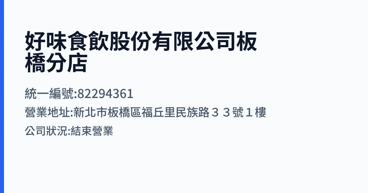 好味食飲股份有限公司板橋分店 - 統編 82294361(新北市) 公司登記資料與營業項目詳細圖表