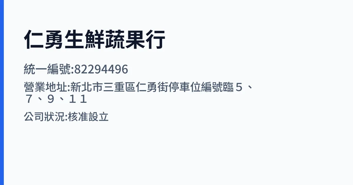 仁勇生鮮蔬果行 - 統編 82294496(新北市) 公司登記資料與營業項目詳細圖表