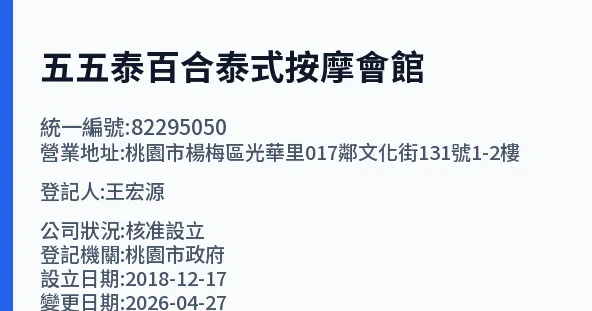 五五泰百合泰式按摩會館的照片-統編 82295050(桃園市) 公司登記資料與營業項目詳細圖表