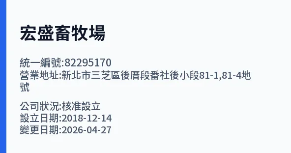 宏盛畜牧場的照片-統編 82295170(新北市) 公司登記資料與營業項目詳細圖表