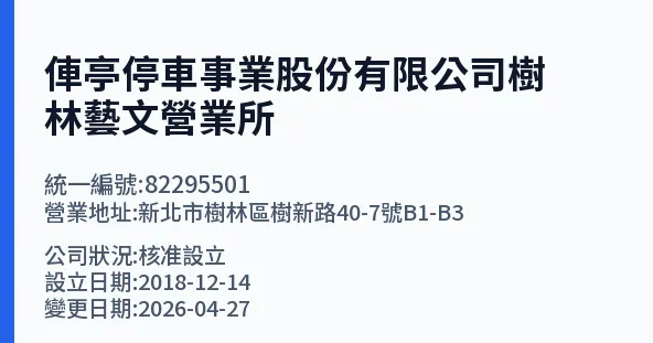 俥亭停車事業股份有限公司樹林藝文營業所的照片-統編 82295501(新北市) 公司登記資料與營業項目詳細圖表