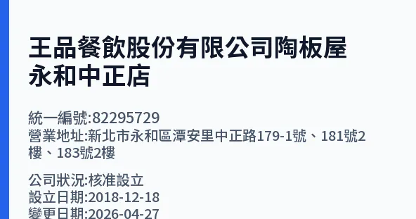王品餐飲股份有限公司陶板屋永和中正店的照片-統編 82295729(新北市) 公司登記資料與營業項目詳細圖表