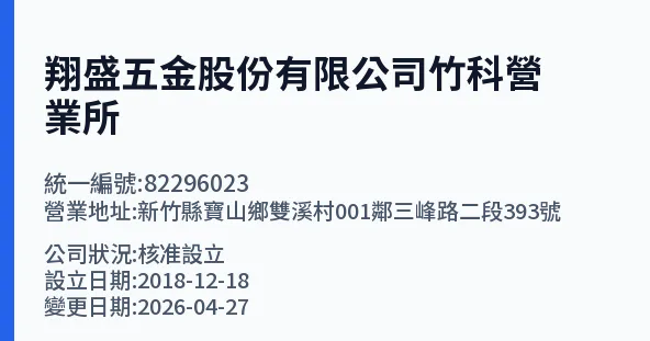 翔盛五金股份有限公司竹科營業所的照片-統編 82296023(新竹縣) 公司登記資料與營業項目詳細圖表