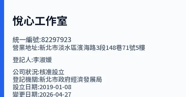 悅心工作室的照片-統編 82297923(新北市) 公司登記資料與營業項目詳細圖表