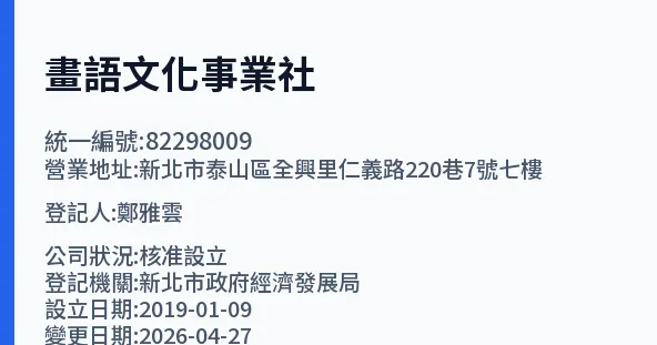 畫語文化事業社的照片-統編 82298009(新北市) 公司登記資料與營業項目詳細圖表