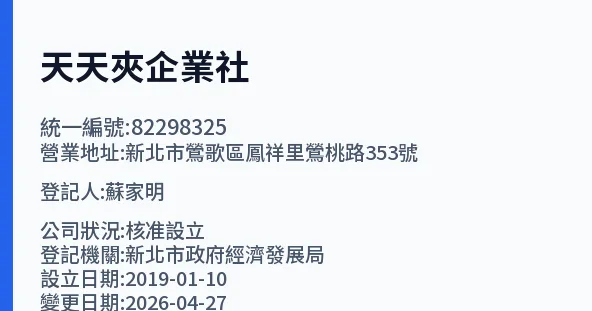天天夾企業社的照片-統編 82298325(新北市) 公司登記資料與營業項目詳細圖表