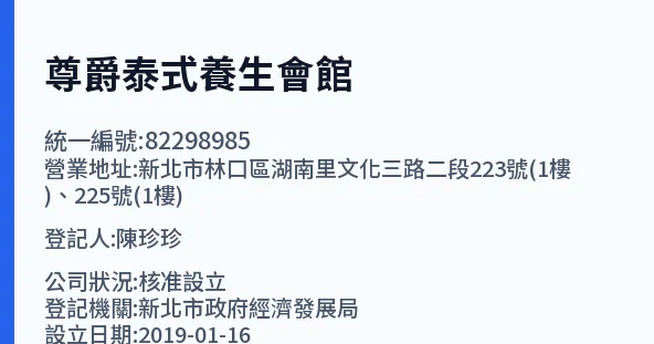 尊爵泰式養生會館的照片-統編 82298985(新北市) 公司登記資料與營業項目詳細圖表