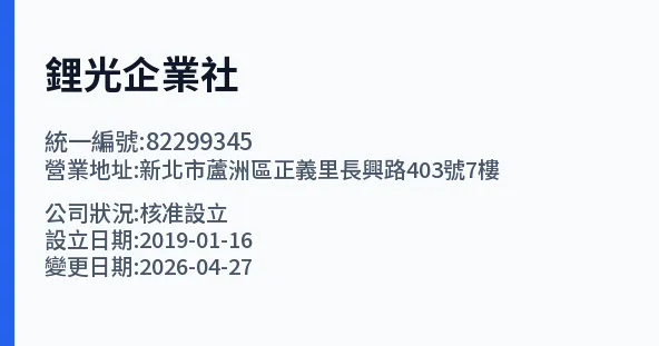 鋰光企業社的照片-統編 82299345(新北市) 公司登記資料與營業項目詳細圖表