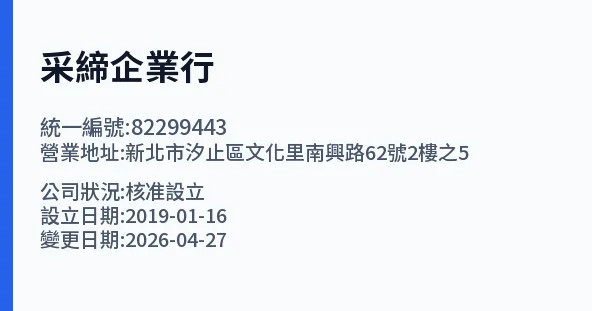 采締企業行的照片-統編 82299443(新北市) 公司登記資料與營業項目詳細圖表