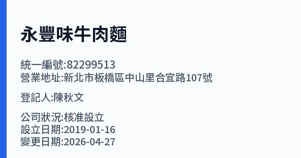 永豐味牛肉麵的照片-統編 82299513(新北市) 公司登記資料與營業項目詳細圖表