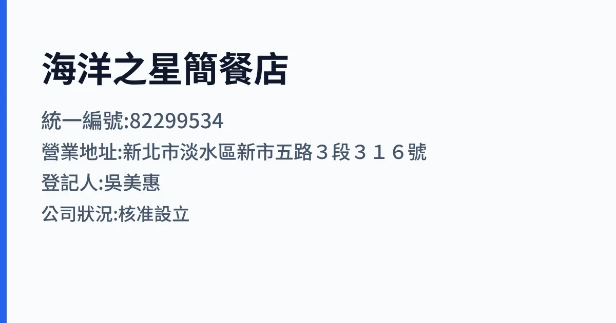 海洋之星簡餐店 - 統編 82299534(新北市) 公司登記資料與營業項目詳細圖表