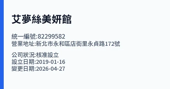 艾夢絲美妍館的照片-統編 82299582(新北市) 公司登記資料與營業項目詳細圖表