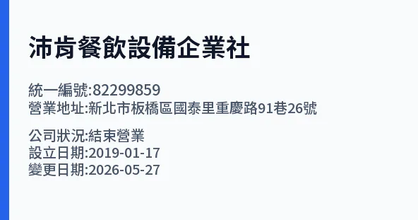沛肯餐飲設備企業社的照片-統編 82299859(新北市) 公司登記資料與營業項目詳細圖表