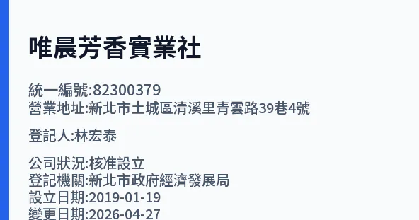 唯晨芳香實業社的照片-統編 82300379(新北市) 公司登記資料與營業項目詳細圖表