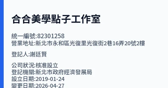 合合美學點子工作室的照片-統編 82301258(新北市) 公司登記資料與營業項目詳細圖表