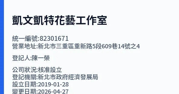 凱文凱特花藝工作室的照片-統編 82301671(新北市) 公司登記資料與營業項目詳細圖表