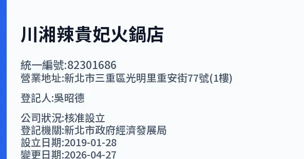 川湘辣貴妃火鍋店的照片-統編 82301686(新北市) 公司登記資料與營業項目詳細圖表