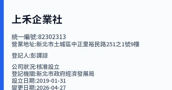 上禾企業社的照片-統編 82302313(新北市) 公司登記資料與營業項目詳細圖表