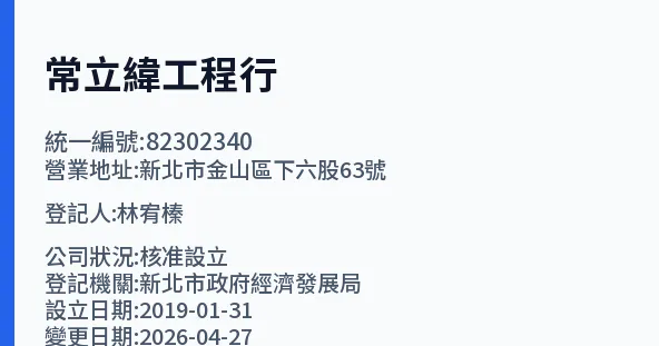 常立緯工程行的照片-統編 82302340(新北市) 公司登記資料與營業項目詳細圖表