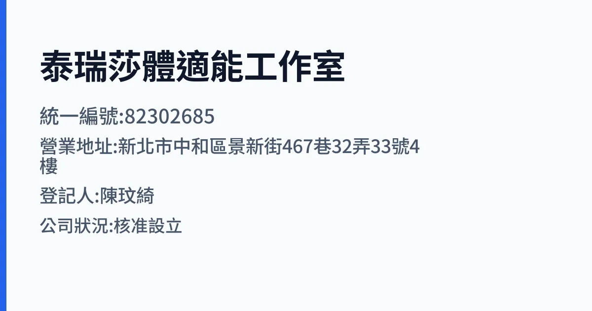泰瑞莎體適能工作室 - 統編 82302685(新北市) 公司登記資料與營業項目詳細圖表