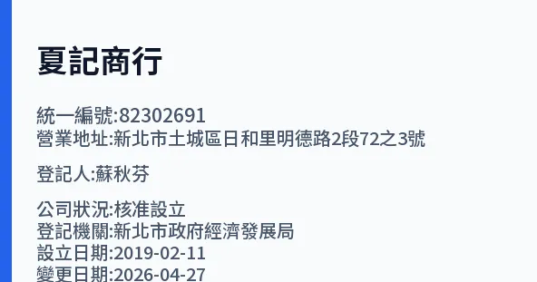 夏記商行的照片-統編 82302691(新北市) 公司登記資料與營業項目詳細圖表