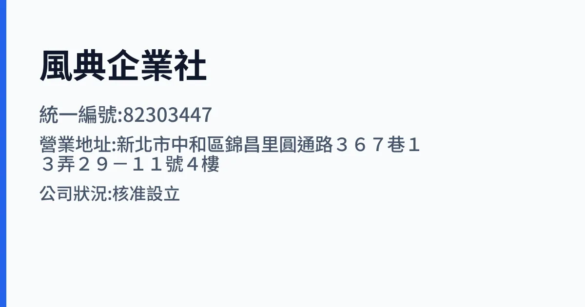 風典企業社 - 統編 82303447(新北市) 公司登記資料與營業項目詳細圖表