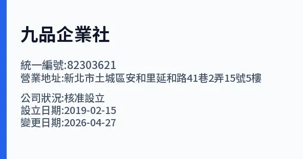 九品企業社的照片-統編 82303621(新北市) 公司登記資料與營業項目詳細圖表