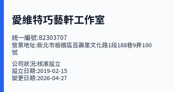 愛維特巧藝軒工作室的照片-統編 82303707(新北市) 公司登記資料與營業項目詳細圖表