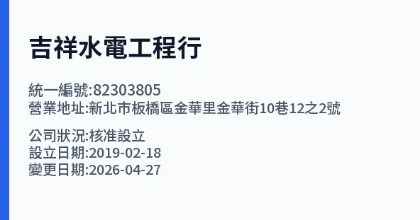 吉祥水電工程行的照片-統編 82303805(新北市) 公司登記資料與營業項目詳細圖表