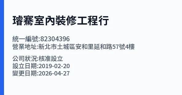 璿騫室內裝修工程行的照片-統編 82304396(新北市) 公司登記資料與營業項目詳細圖表