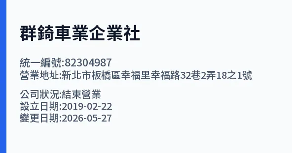 群錡車業企業社的照片-統編 82304987(新北市) 公司登記資料與營業項目詳細圖表