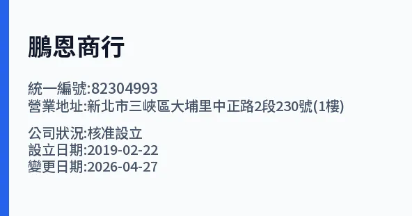 鵬恩商行的照片-統編 82304993(新北市) 公司登記資料與營業項目詳細圖表
