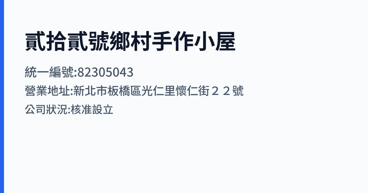 貳拾貳號鄉村手作小屋 - 統編 82305043(新北市) 公司登記資料與營業項目詳細圖表