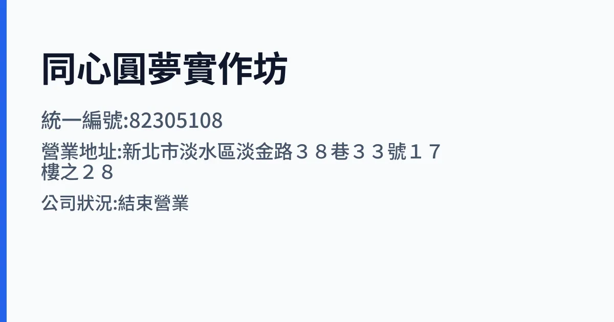 同心圓夢實作坊 - 統編 82305108(新北市) 公司登記資料與營業項目詳細圖表