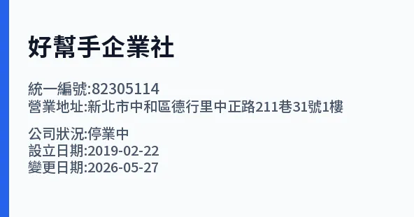 好幫手企業社的照片-統編 82305114(新北市) 公司登記資料與營業項目詳細圖表