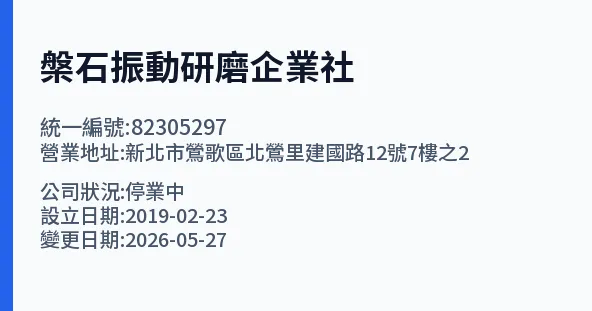槃石振動研磨企業社的照片-統編 82305297(新北市) 公司登記資料與營業項目詳細圖表
