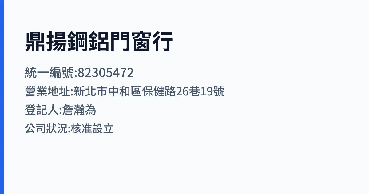 鼎揚鋼鋁門窗行 - 統編 82305472(新北市) 公司登記資料與營業項目詳細圖表