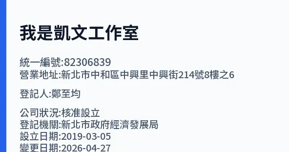 我是凱文工作室的照片-統編 82306839(新北市) 公司登記資料與營業項目詳細圖表